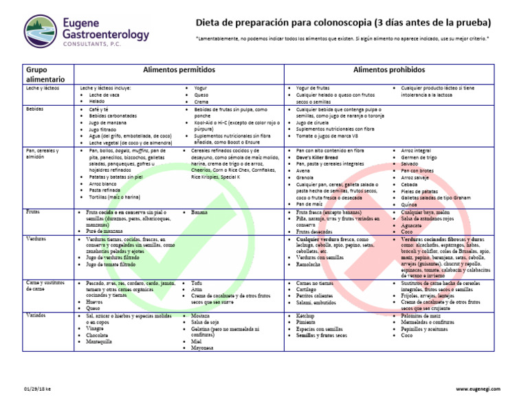 Colonoscopy Prep Diet Spanish | PDF | Vegetales | Panes