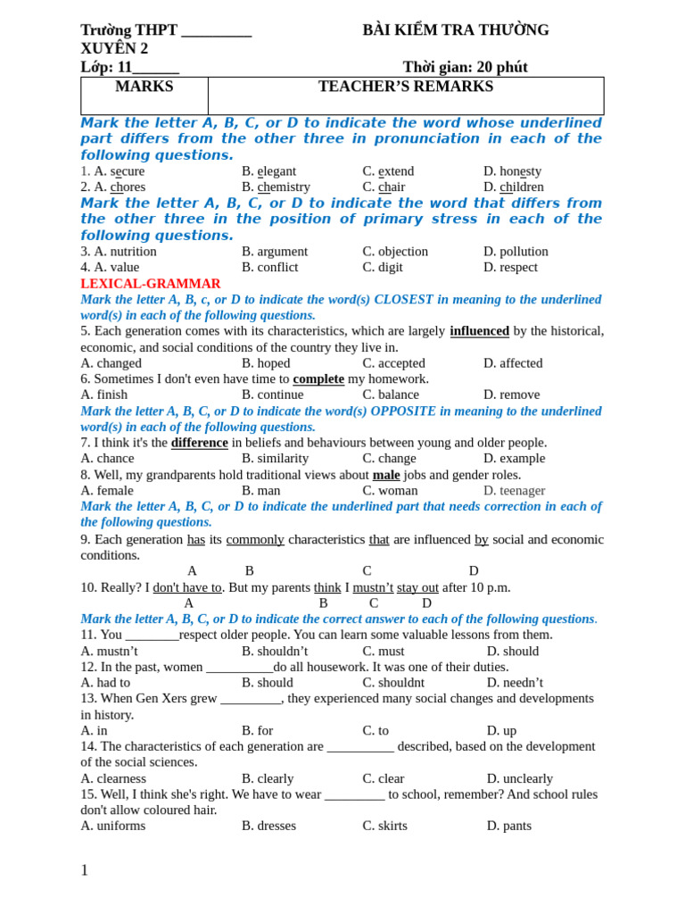 Trư NG THPT gk1 L P 11 NEW | PDF