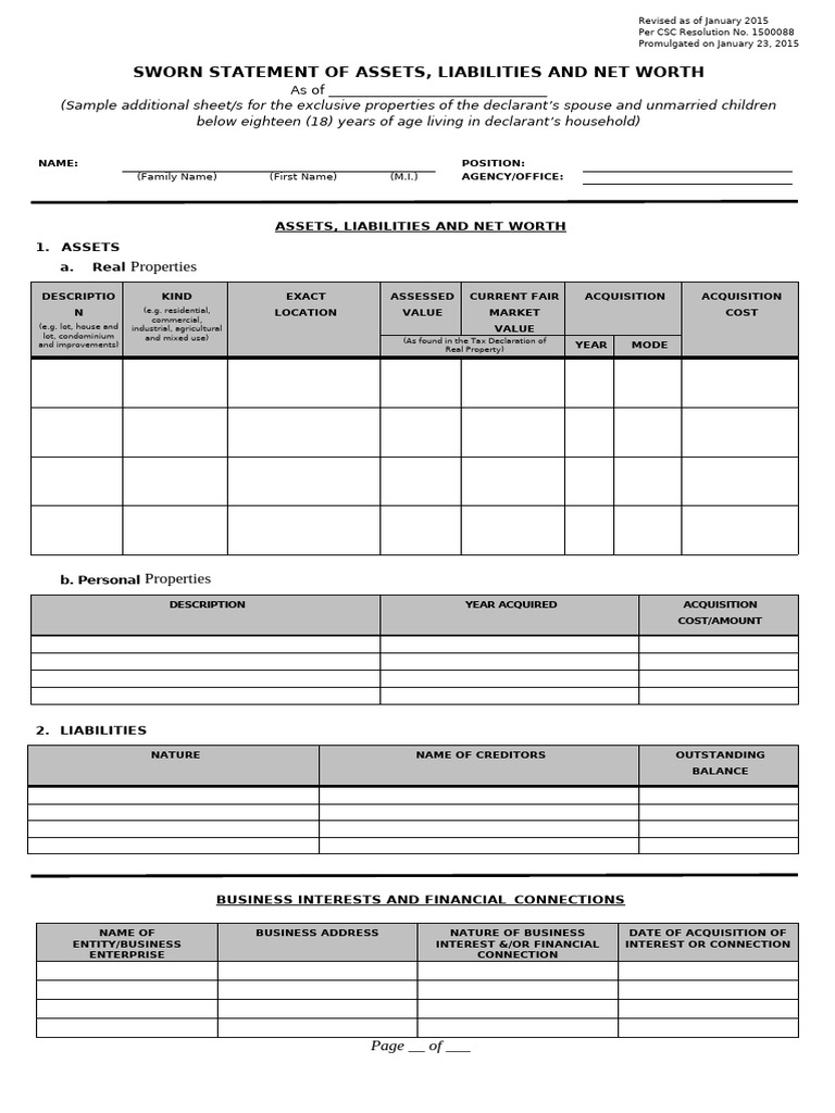 2015 SALN Additional Sheets | PDF | Net Worth | Money