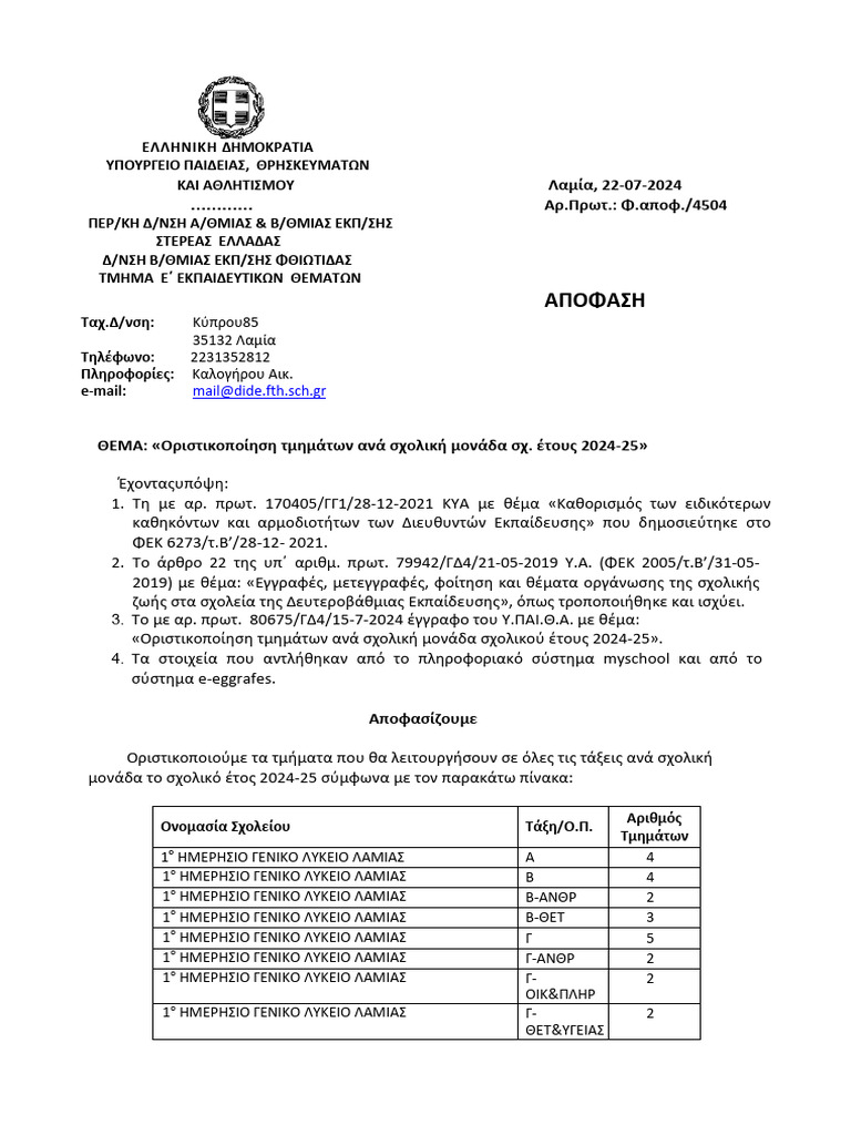 ΑΠΟΦ ΟΡΙΣΤΙΚΟΠΟΙΗΣΗΣ ΤΜΗΜΑΤΩΝ 2024-25 | PDF