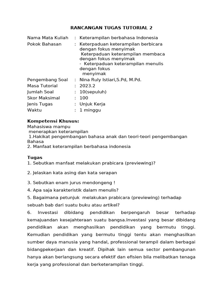 Tugas Tutorial Keterampilan Berbahasa | PDF