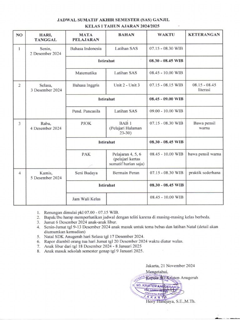 Jadwal SAS Semester Ganjil Kelas 1 | PDF