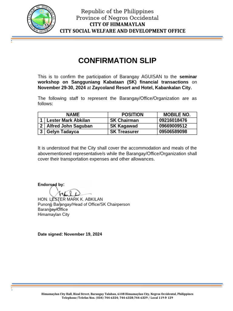 Confirmation Slip SK Aguisan | PDF