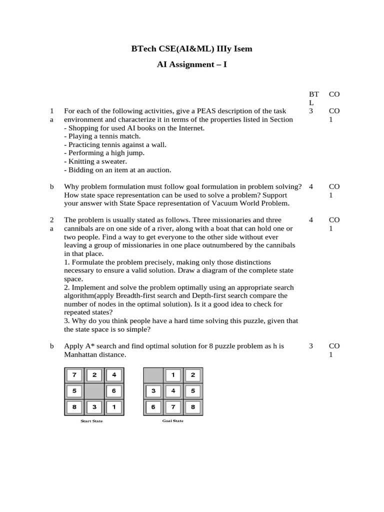 AI Assignment - I Btech CSE (AI&ML) IIIy Isem | PDF | Artificial Intelligence | Intelligence (AI ...