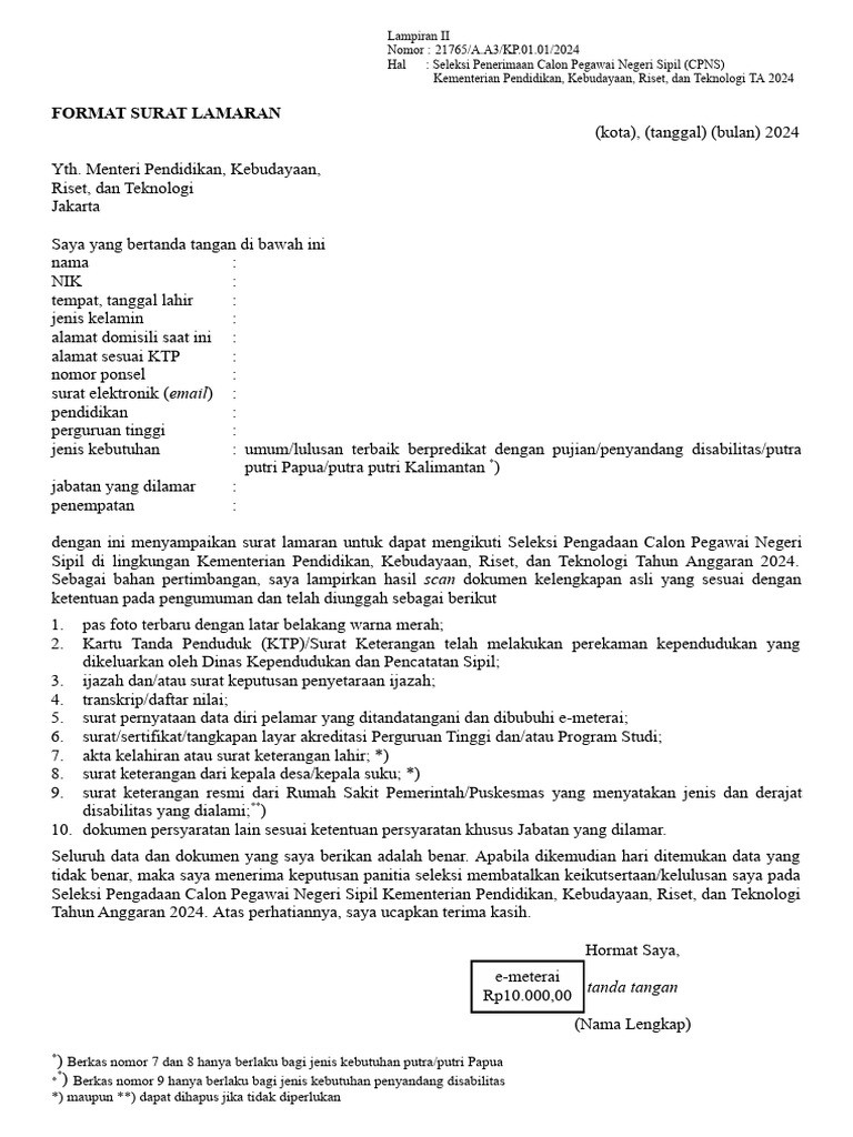 Seleksi Penerimaan CPNS Kemdikbudristek TA 2024 SURAT PERNYATAAN DAN SURAT LAMARAN | PDF
