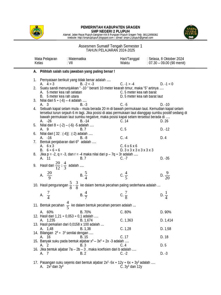 SOAL MATEMATIKA ASTS 1-2024-2025 Ganjil | PDF
