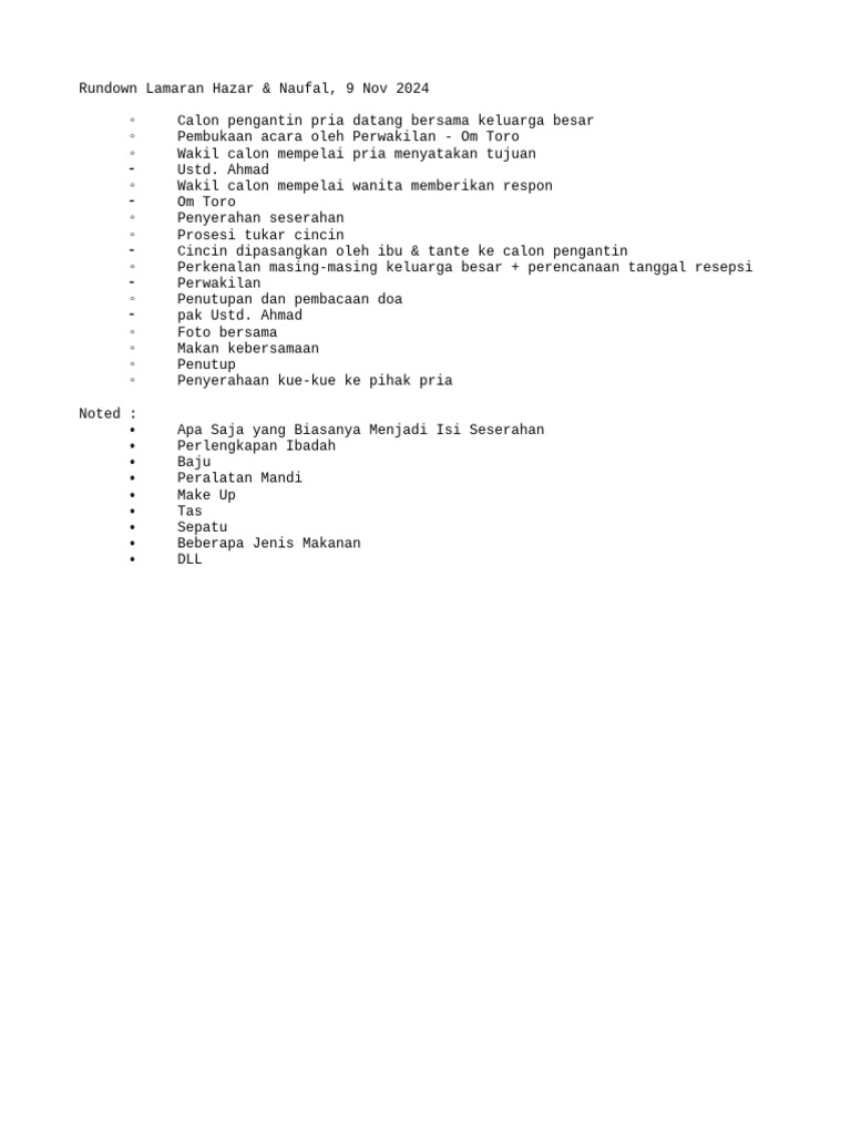 Susunan Acara Lamaran Hazar | PDF