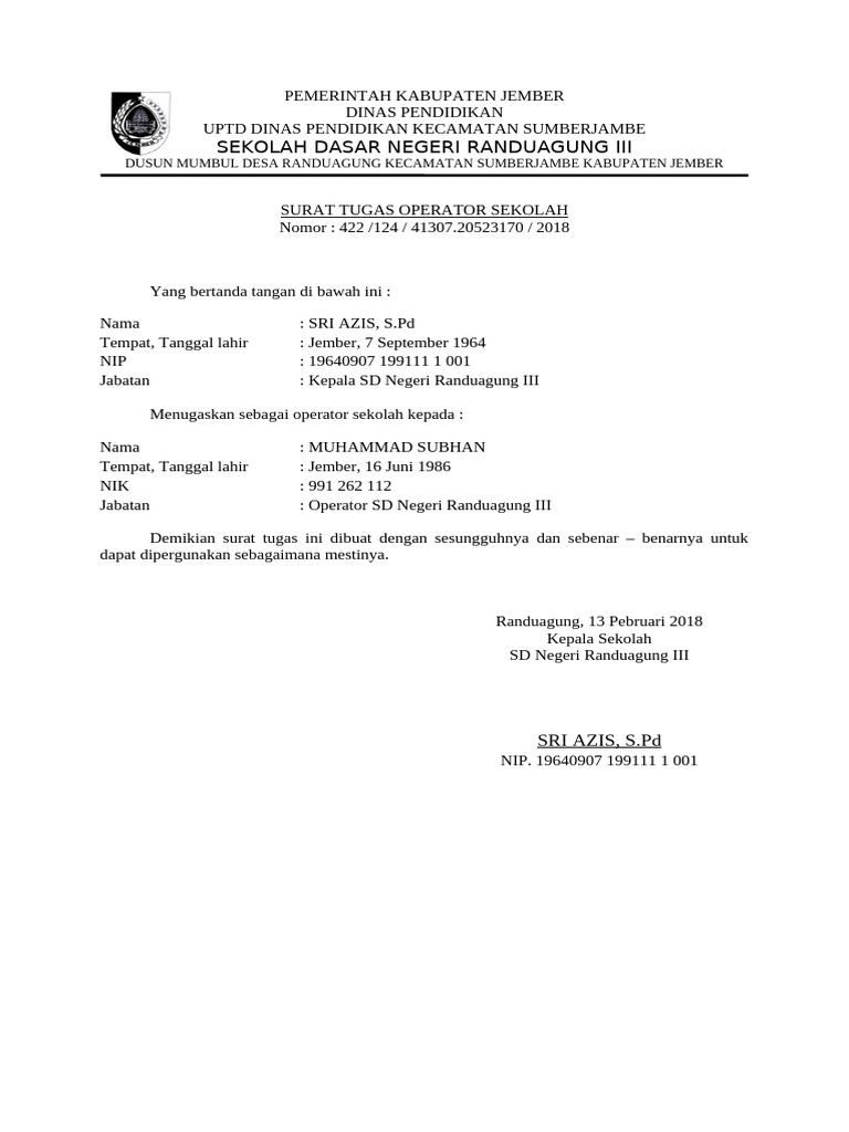 Surat Tugas Operator | PDF