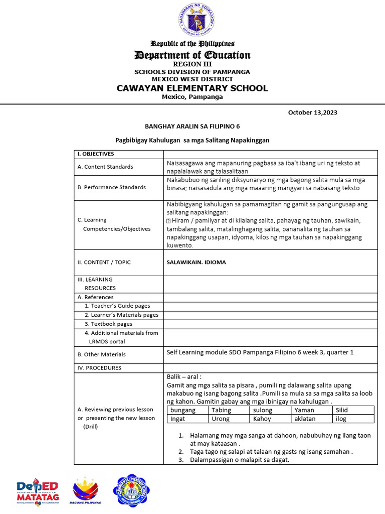 Lesson Plan in Filipino 6 (Cot 1, 2023 2024) | PDF