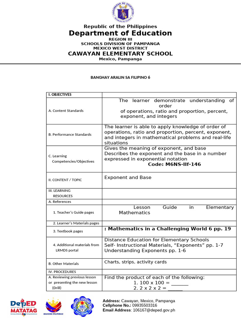 Lesson-plan-In-math 6 (Cot 2, 2023-2024) | PDF | Exponentiation | Multiplication