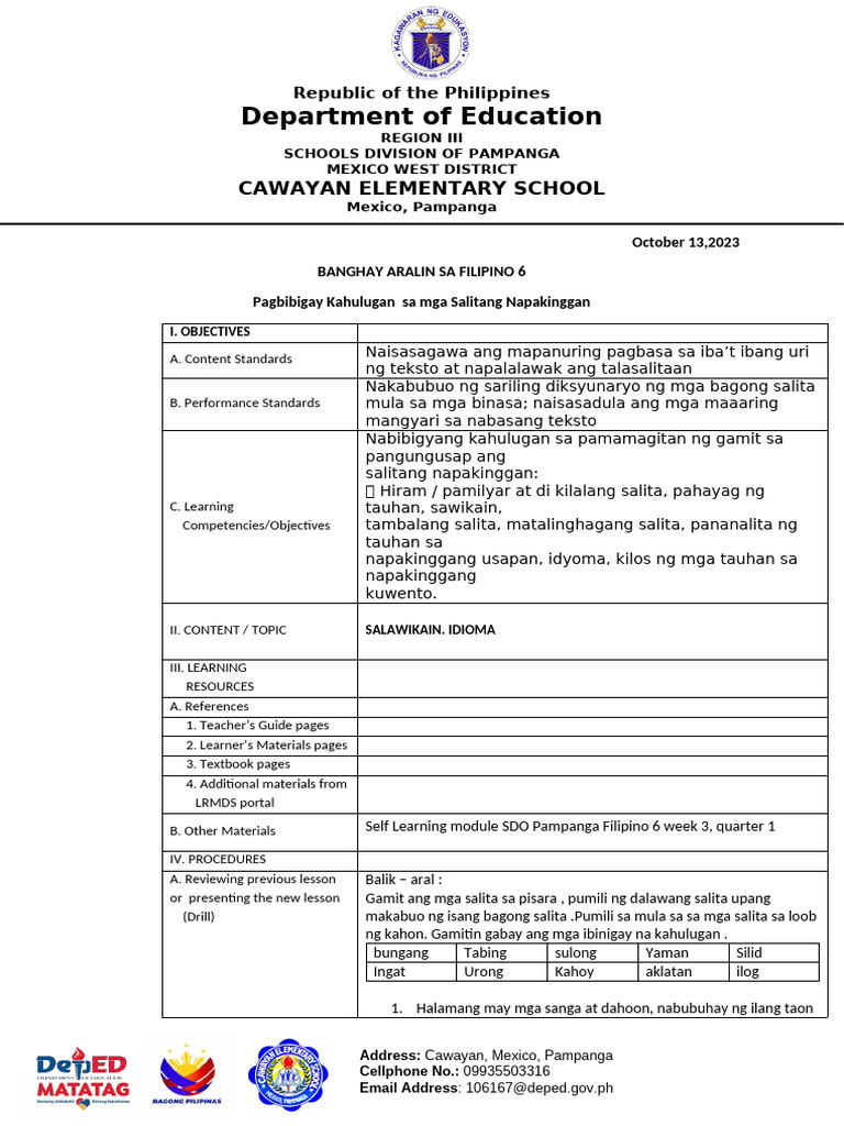 Lesson Plan in Filipino 6 (Cot 1, 2023 2024) | PDF