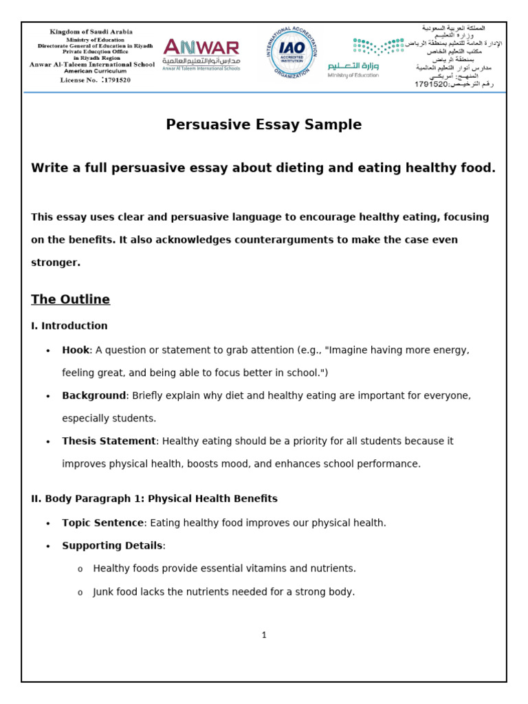 Persuasive Essay About Diet and Healthy Food | PDF | Healthy Diet ...