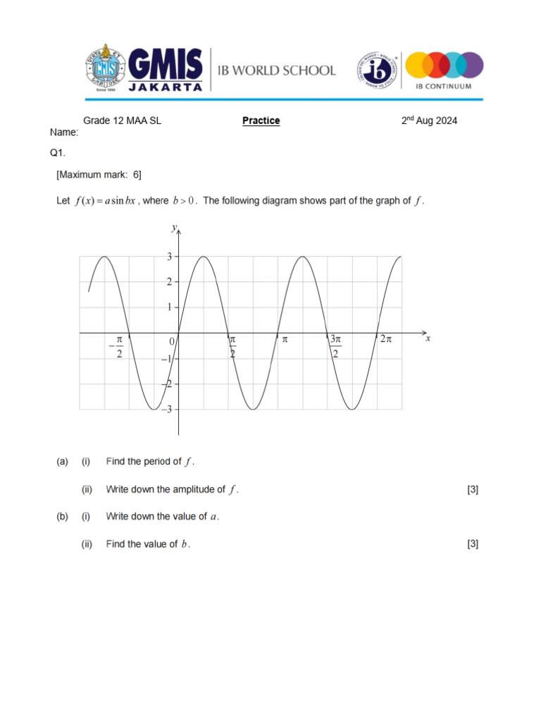 Grade 12 MAA SL Practice Sheet 2nd Aug 2024-1 | PDF