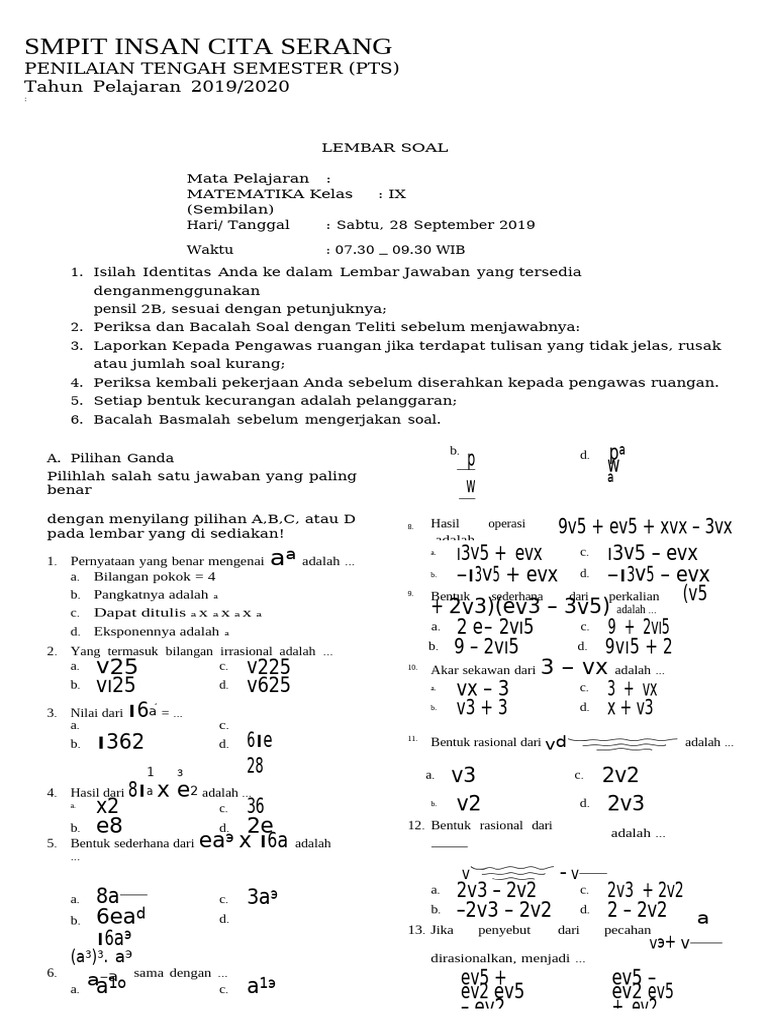 PDF Soal Pts MTK Kelas 9 Ganjil 2019 | PDF