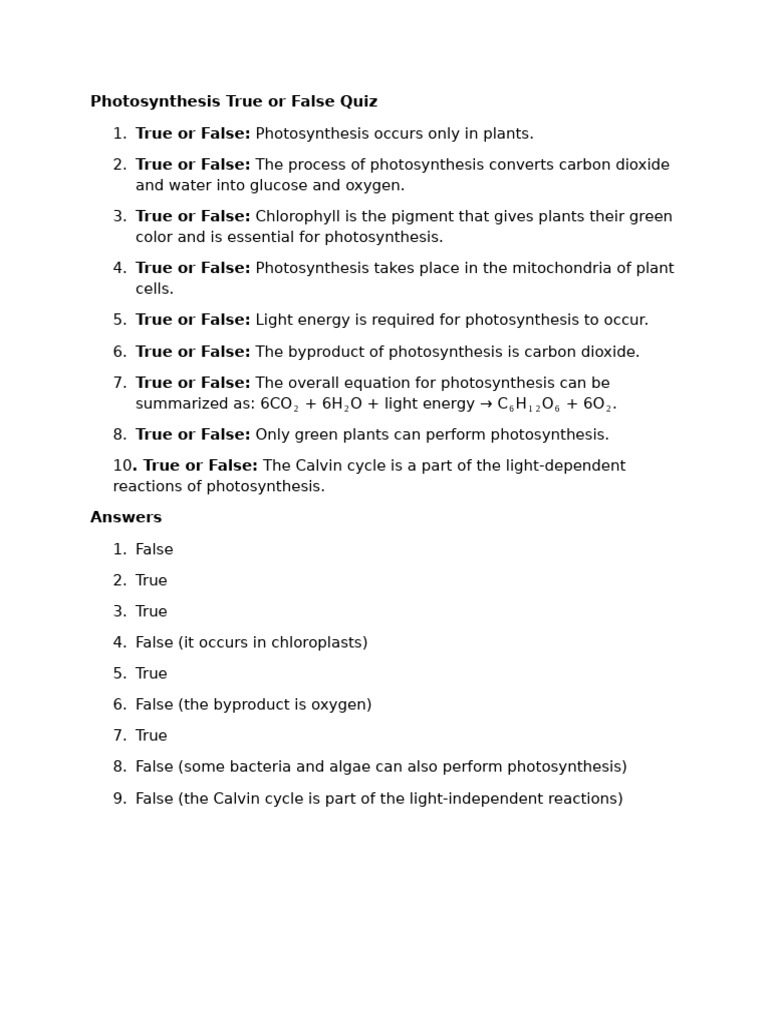 Photosynthesis True or False Quiz | PDF | Science & Mathematics