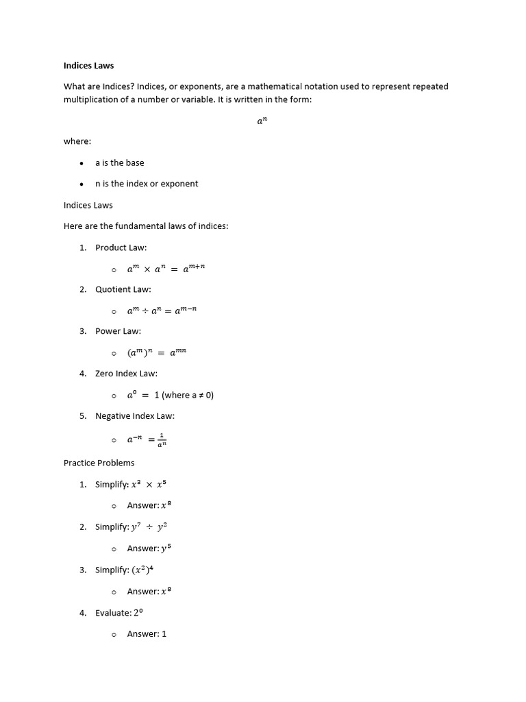 Indices Laws Mathematics IGCSE O Level | PDF | Equations | Exponentiation