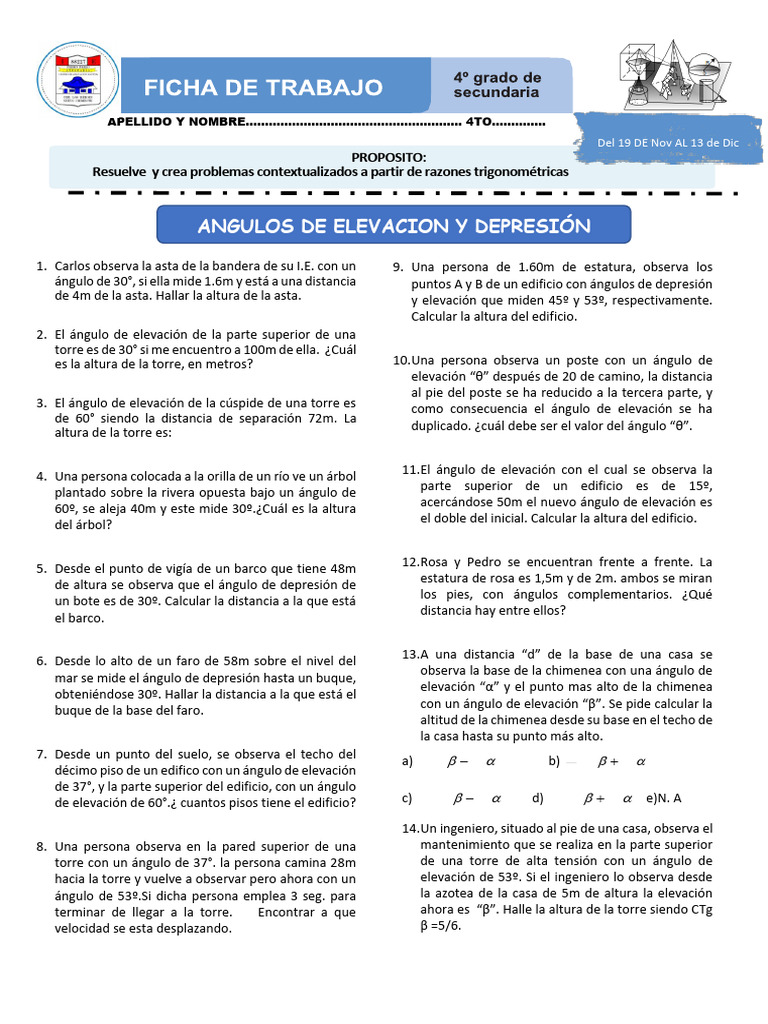 c3 Angulos de Elevacion y Depresion 4to | PDF