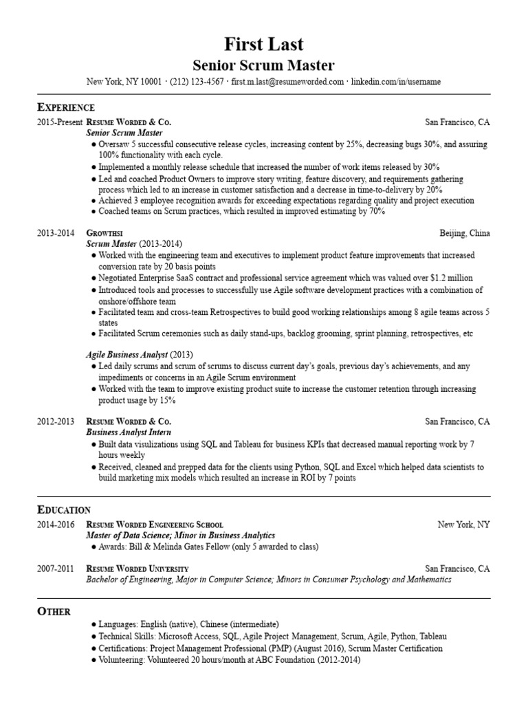 Senior Scrum Master Profile | PDF | Scrum (Software Development ...