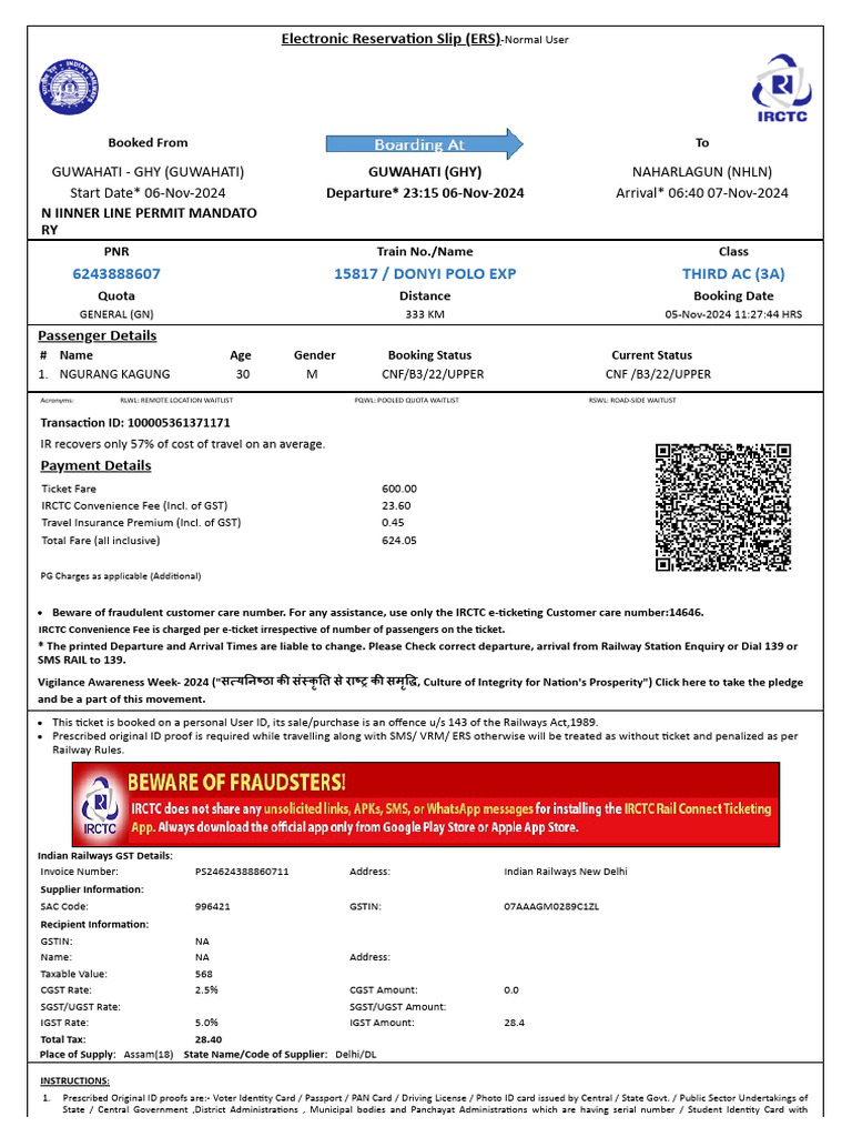 Guwahati Train Ticket Booking Details | PDF | Identity Document