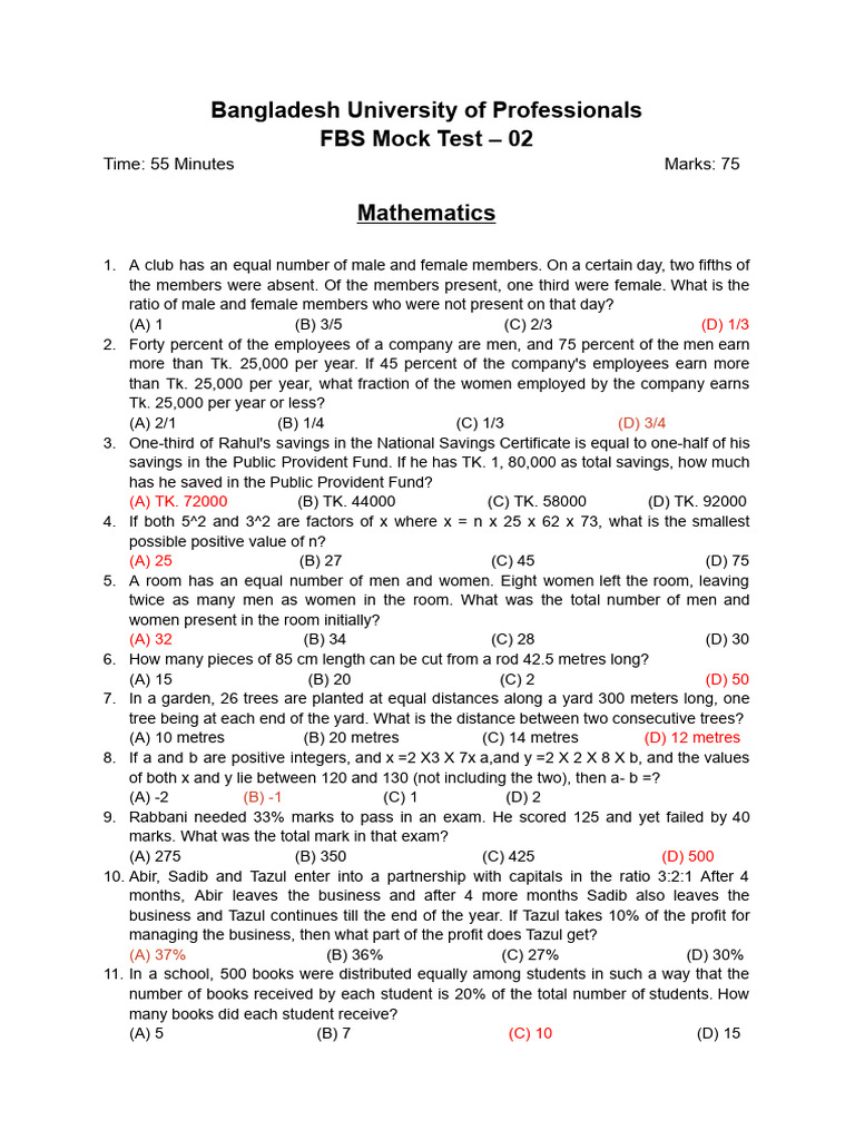 FBS Mock Test Mathematics Questions | PDF | Odds | Mathematics