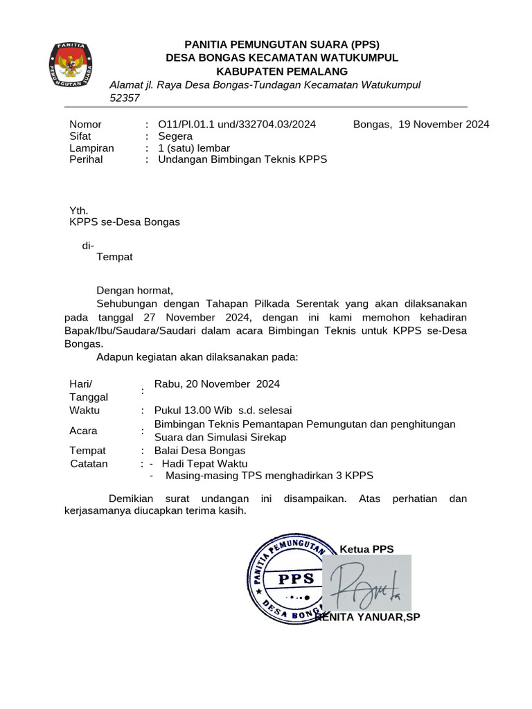 Contoh Surat Undangan Bimtek KPPS | PDF