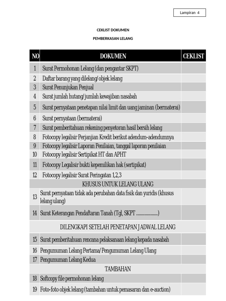 Lampiran 4 - CEKLIST DOKUMEN LELANG | PDF