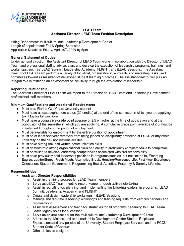 LEAD Team Assistant Director Position Description | PDF | Leadership ...