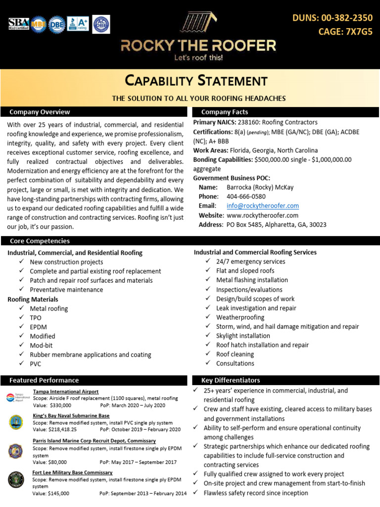 RockytheRoofer CapabilityStatementPDF | PDF | Roof | Building Engineering