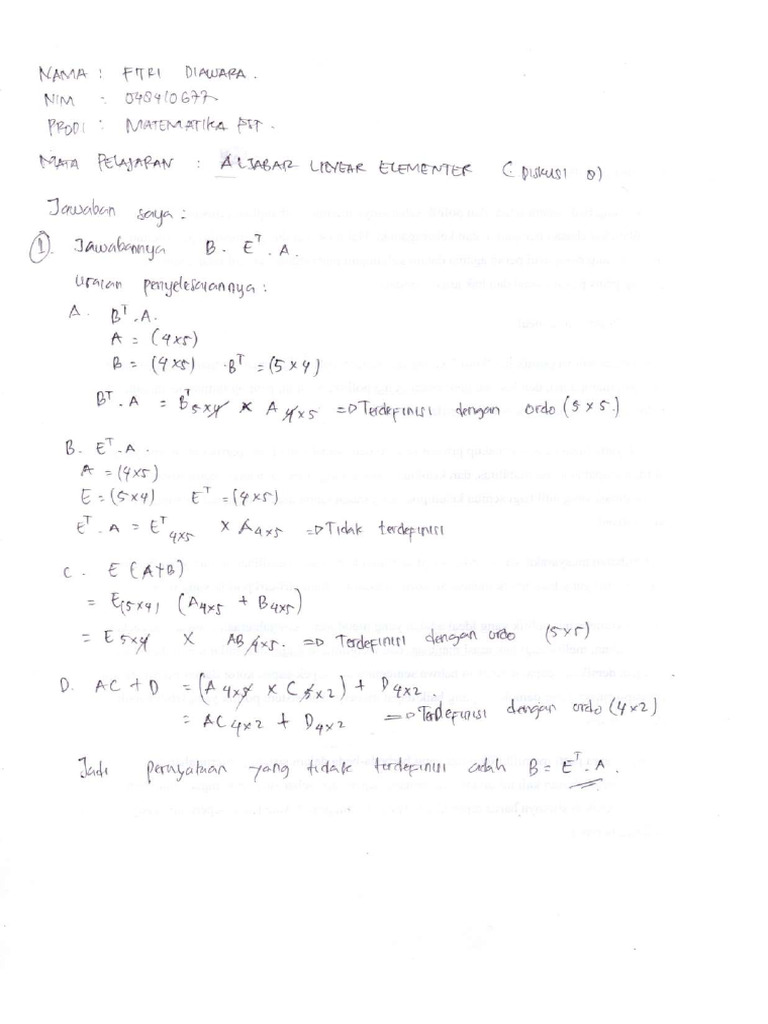Diskusi 8 Aljabar Linear Elementer. Fitri Diawara Nim 048410677 | PDF