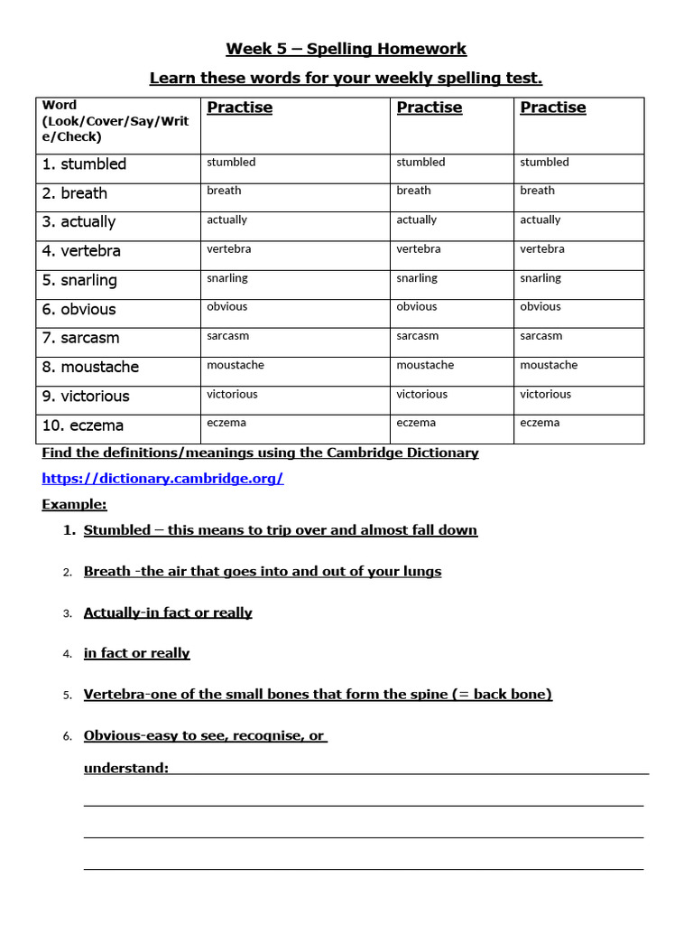 Week 5 Spelling Homework List | PDF