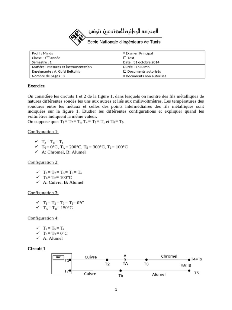 Examen Mesures et Instrumentation 1ère année | PDF | Thermomètre ...
