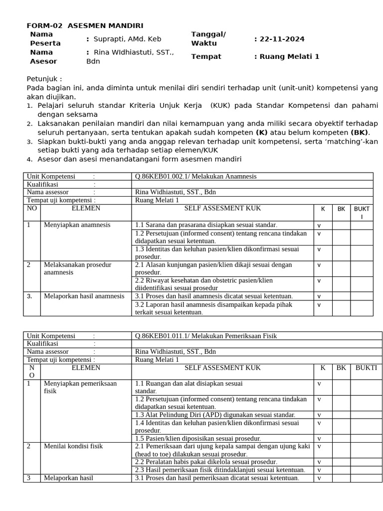 FORM - 02 Penilaian Mandiri Bidan FIKS | PDF