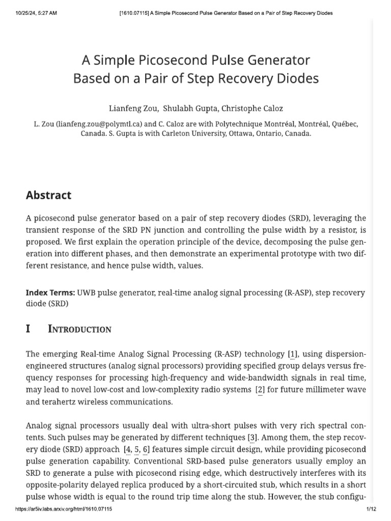 A Simple Picosecond Pulse Generator Based On A Pair of Step Recovery ... A Simple Picosecond Pulse Generator Based On A Pair of Step Recovery ...