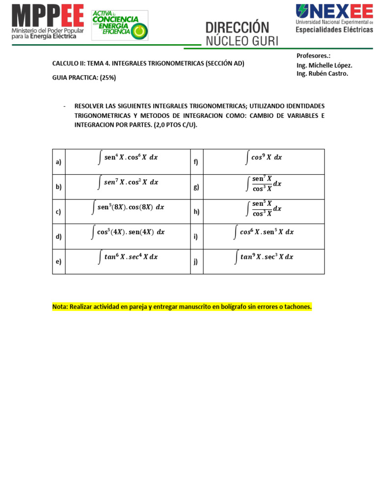 Guia Practica. Seccion AD - Tema 4. Integrales Trigonometricas. Calculo II | PDF