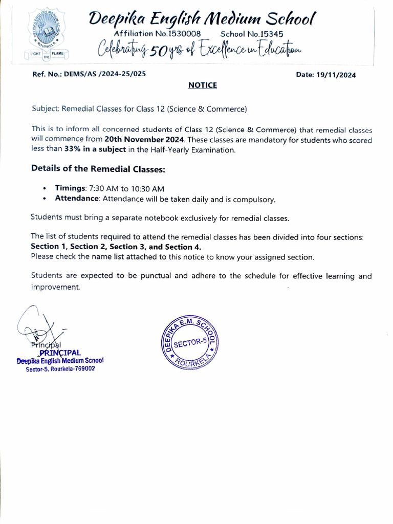 Notice For Remedial Classes | PDF