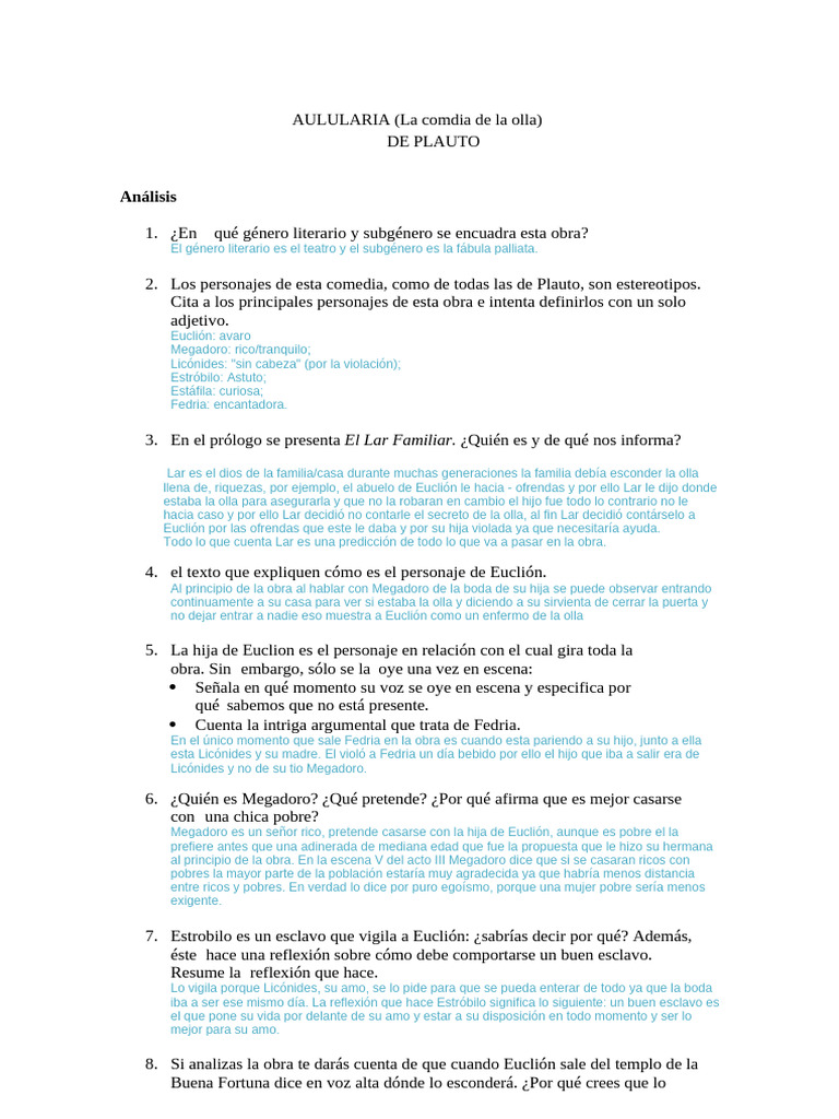 Aulularia Cuestiones 1 Respuesta | PDF