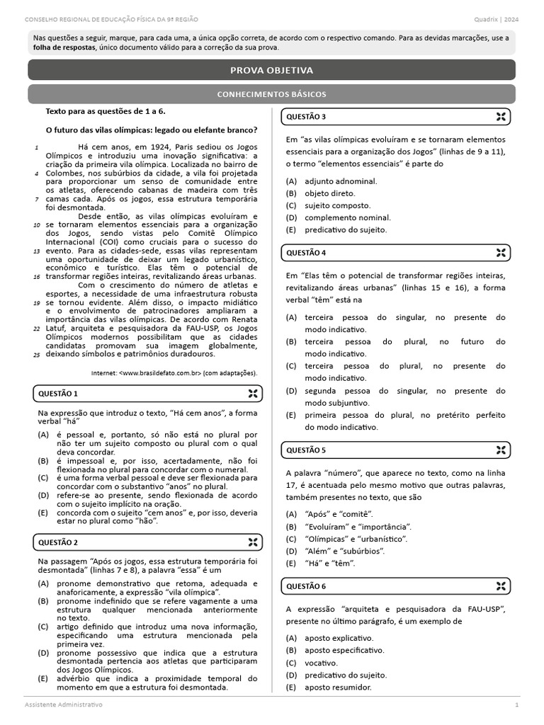 Quadrix 2024 Cref 9 Regiao PR Assistente Administrativo Prova | PDF | Plural | Assunto (gramática)