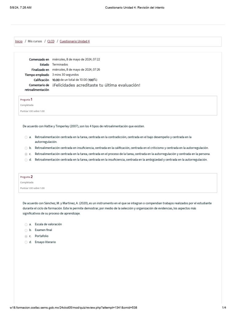 CLCD Cuestionario Unidad 4 - Revisión Del Intento | PDF | Evaluación ...