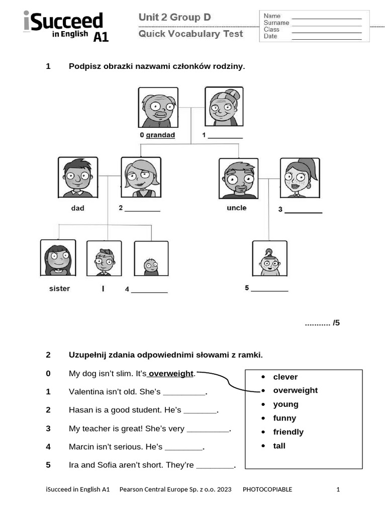 Unit 2 Test for A1 English Students | PDF