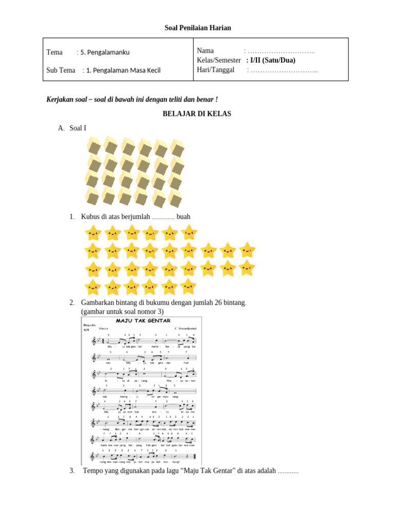 Soal Penilaian Harian Kelas 1 Tema 5 | PDF Soal Penilaian Harian Kelas 1 Tema 5 | PDF