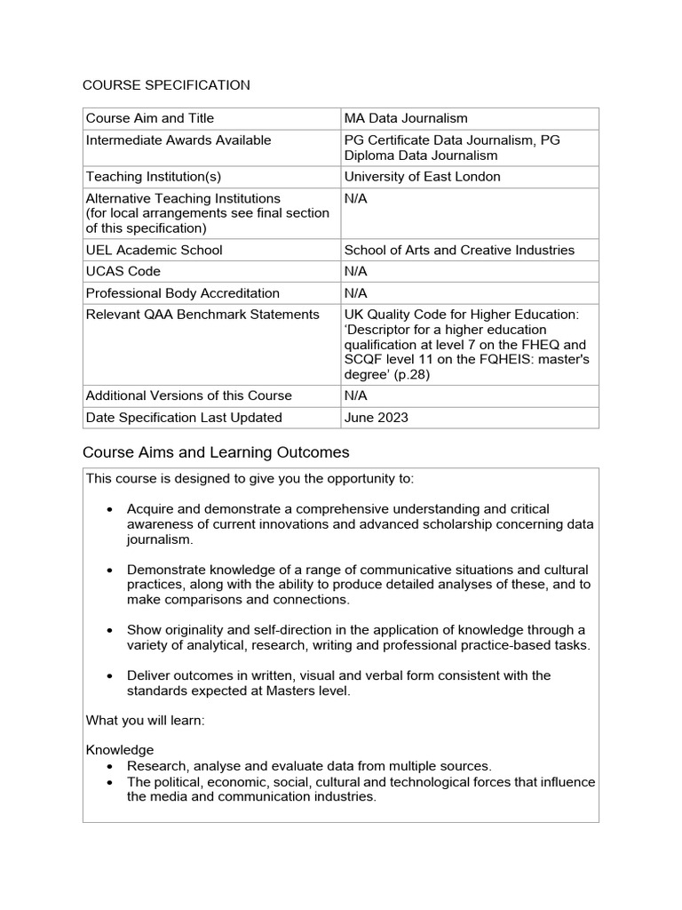 Course Specification Ma Data Journalism | PDF | Data