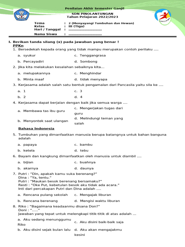 Soal Pas Kelas 3 Tema 2 | PDF