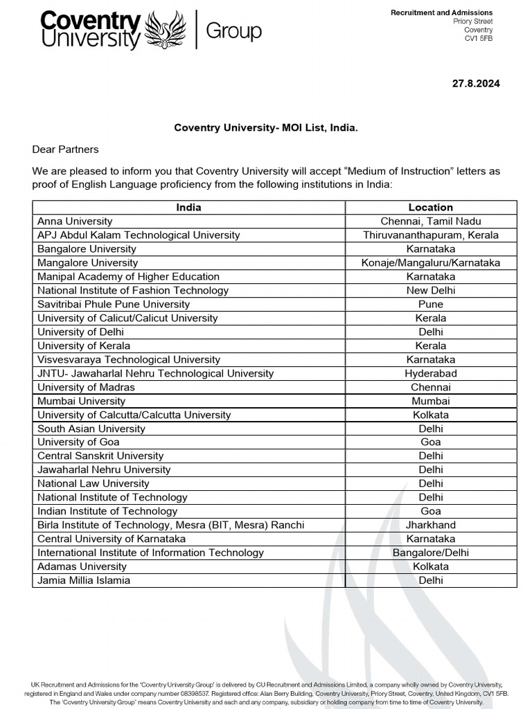 Coventry MOI List | PDF | Academic Degree | Educational Stages
