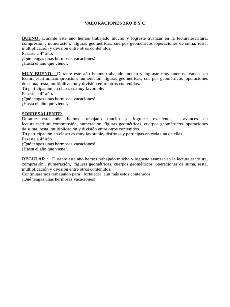 Valoraciones 3° B y C | PDF
