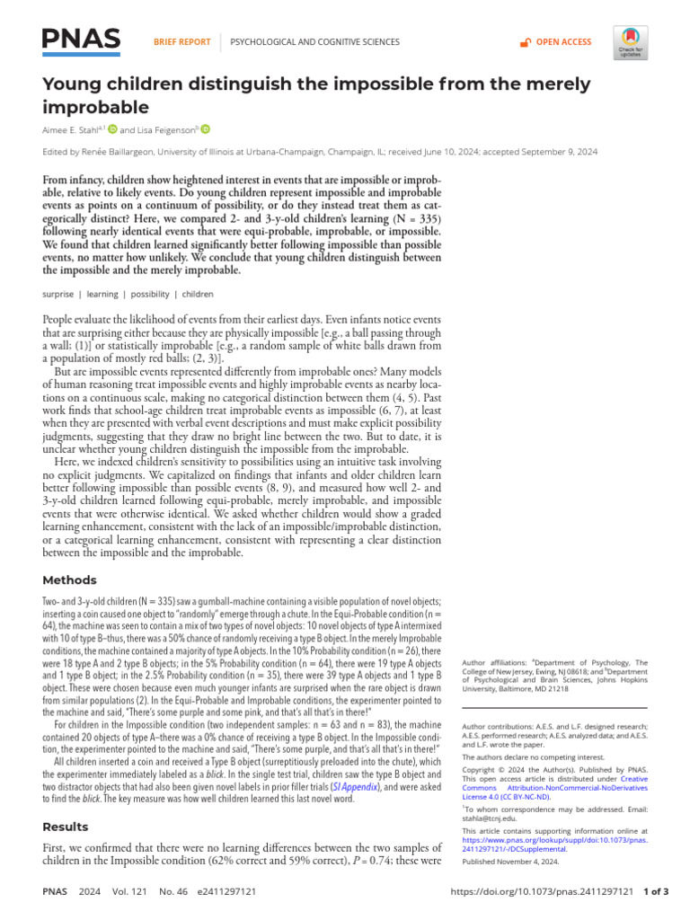 Stahl Feigenson 2024 Young Children Distinguish The Impossible From The Merely Improbable | PDF ...