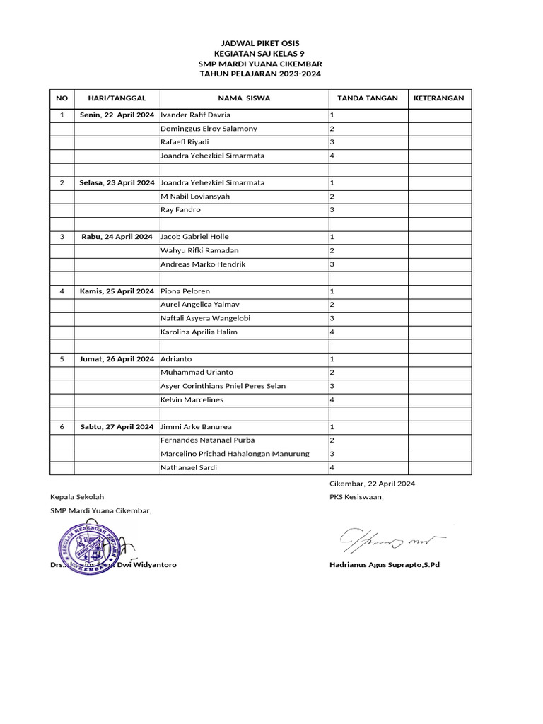 Jadwal Piket SAJ 2024 | PDF