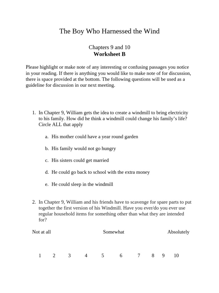 Chapter 9 and 10 Questions Worksheet B The Boy Who Harnessed The Wind | PDF