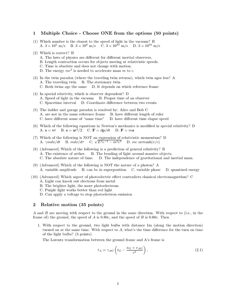 Midterm Solution (Fall 2024) | PDF | Special Relativity | Photoelectric Effect