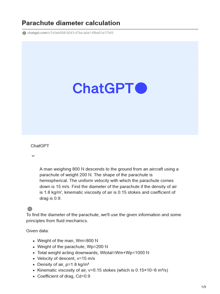 Parachute Diameter Calculation Guide | PDF | Fluid Dynamics | Viscosity