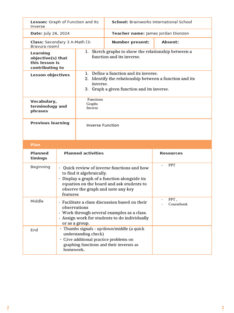 CAIE Lesson Plan | PDF | Function (Mathematics) | Learning